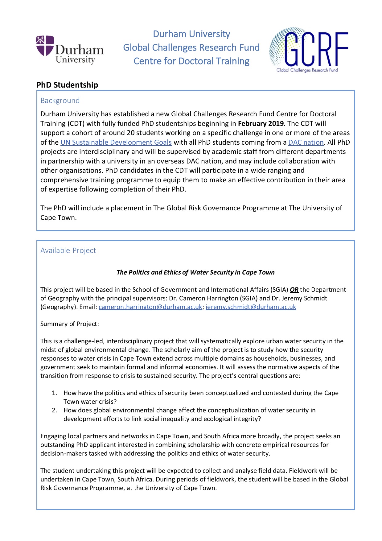 Fully Funded PhD: Water Security in Cape Town – Jeremy J Schmidt